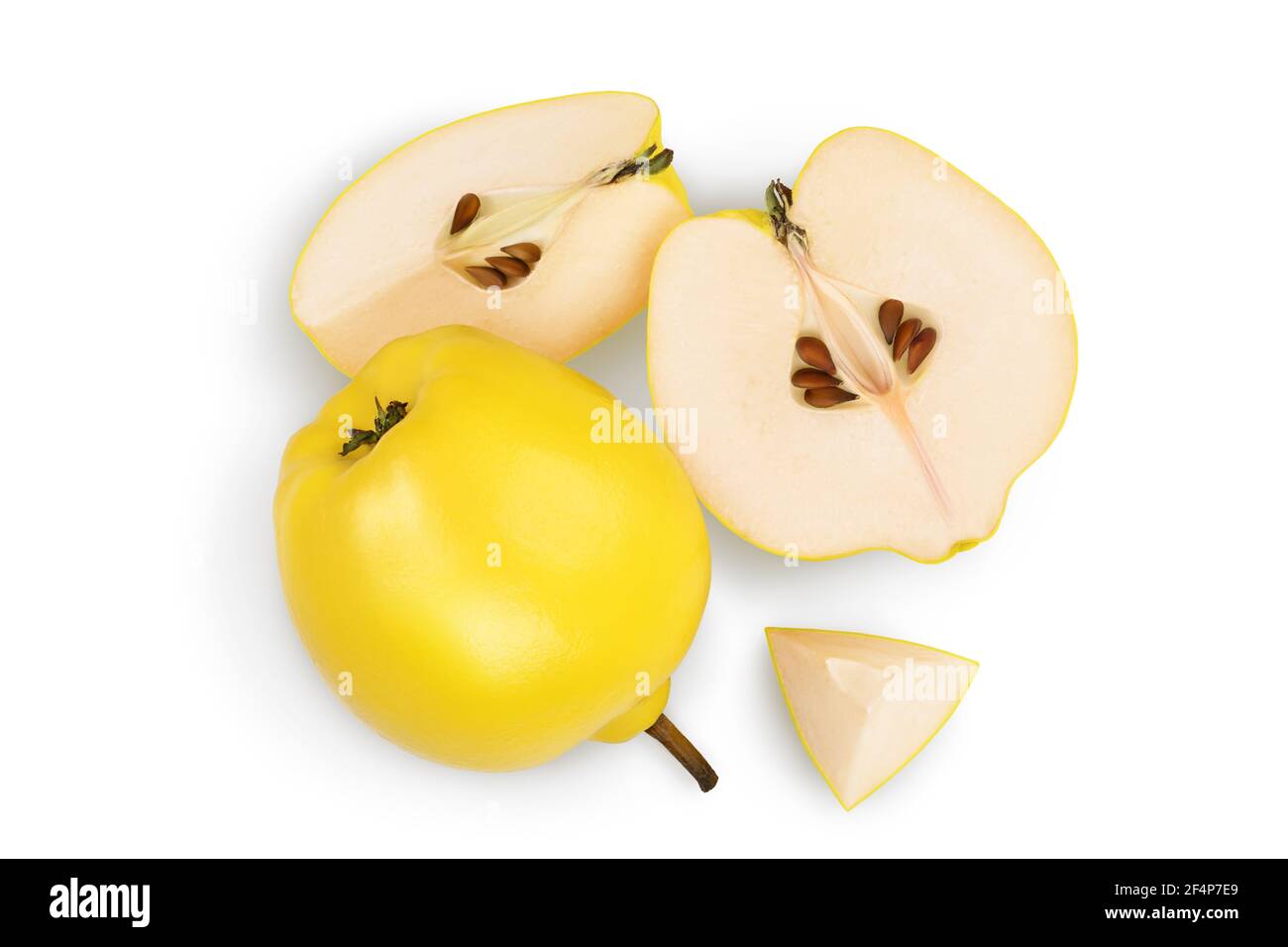 Fresh quince with half and slices isolated on the white background with ...