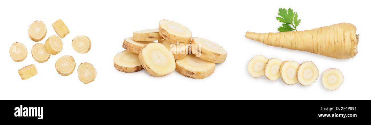 Parsnip root and slices with parsley isolated on white background ...