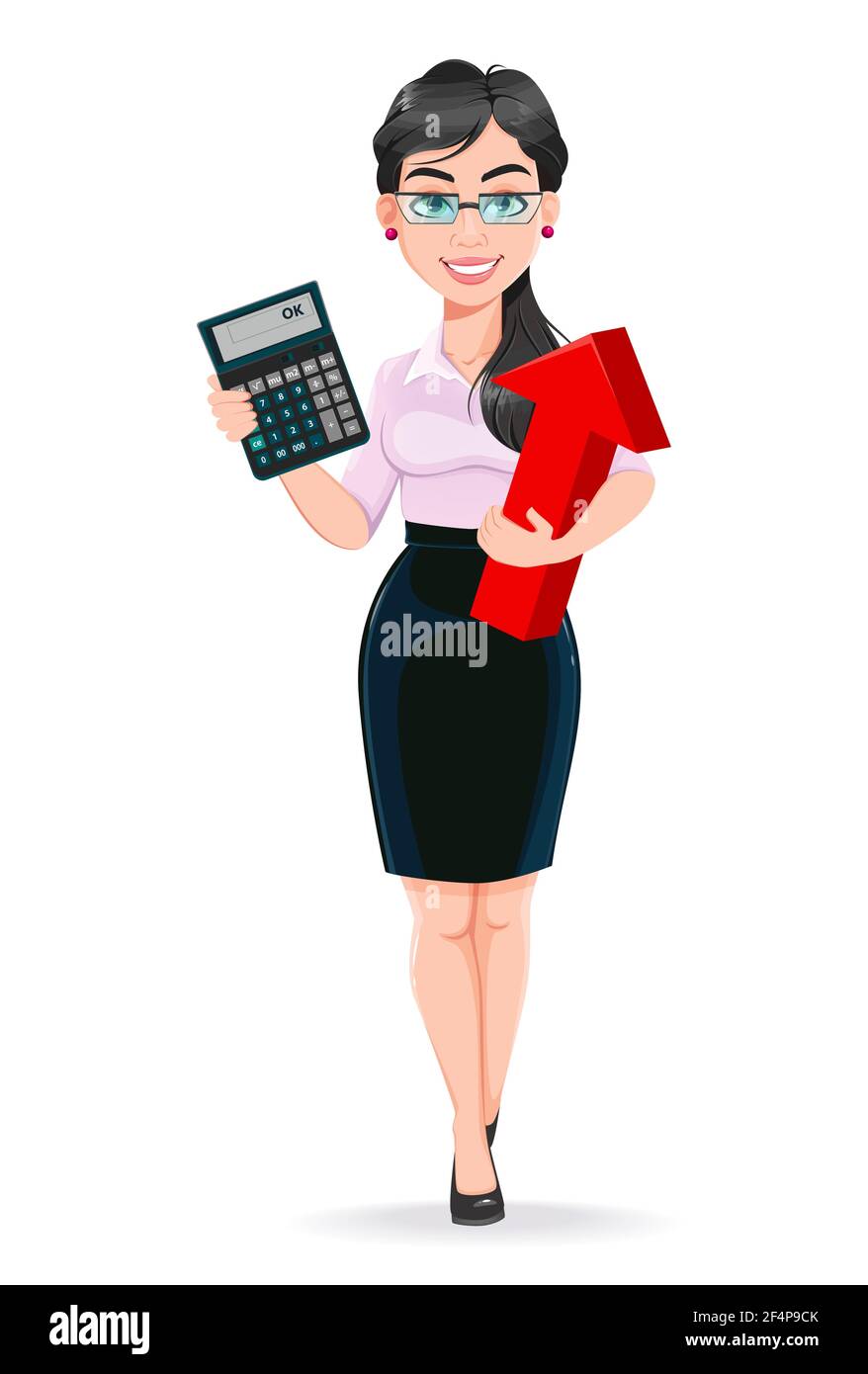 Beautiful successful business woman cartoon character calculates income ...