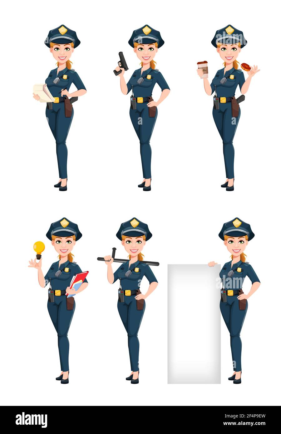 Police woman in uniform, set of six poses. Female police officer ...
