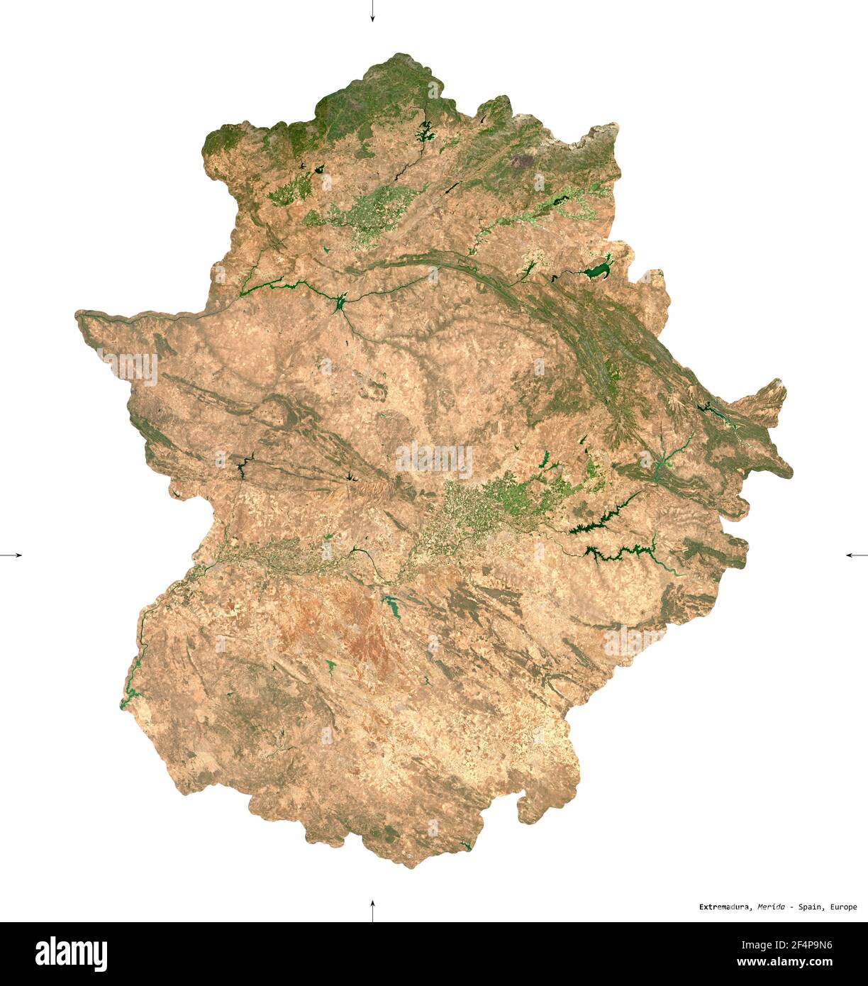 Extremadura, autonomous community of Spain. Sentinel-2 satellite imagery. Shape isolated on ...