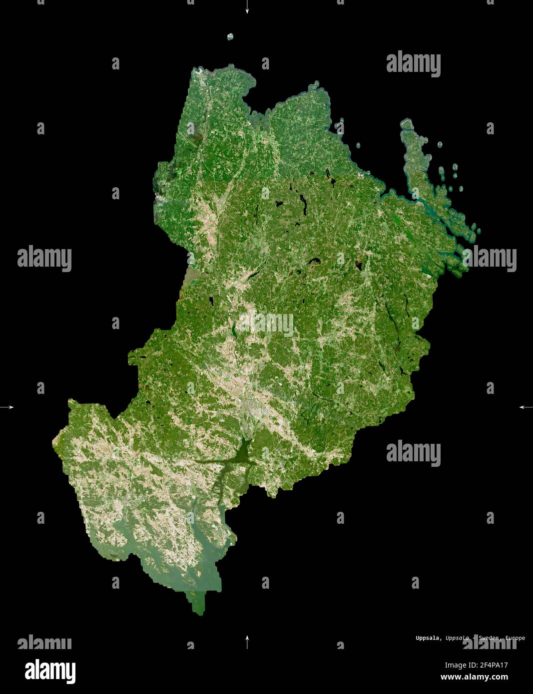 Uppsala, county of Sweden. Sentinel-2 satellite imagery. Shape isolated ...