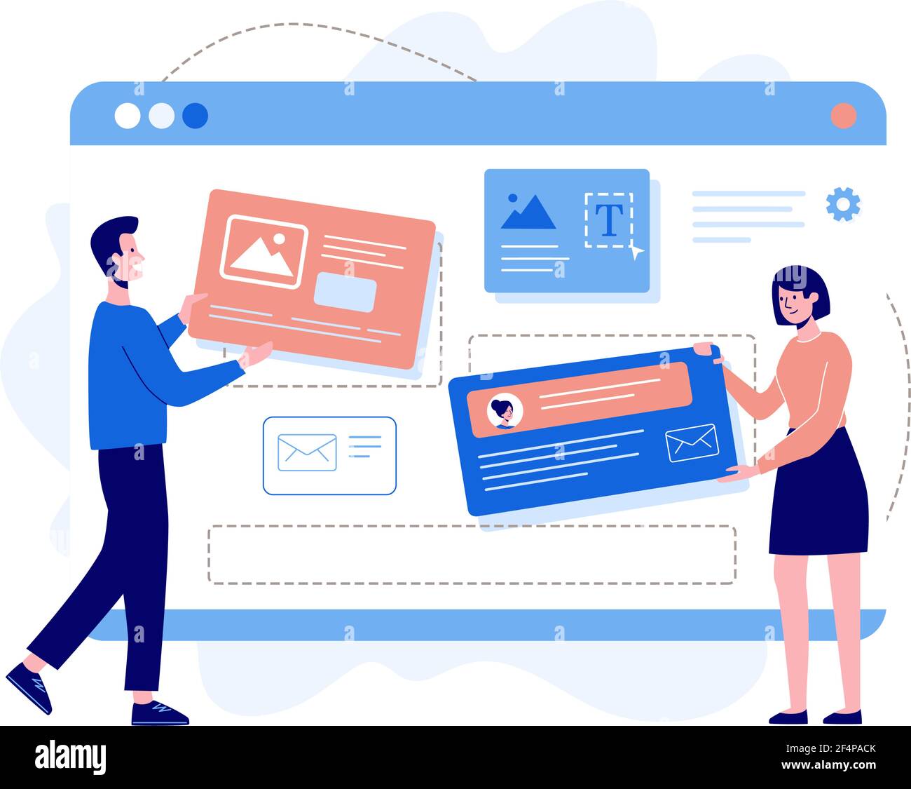 Website development concept. Social network. Landing page template designed by man and woman ...
