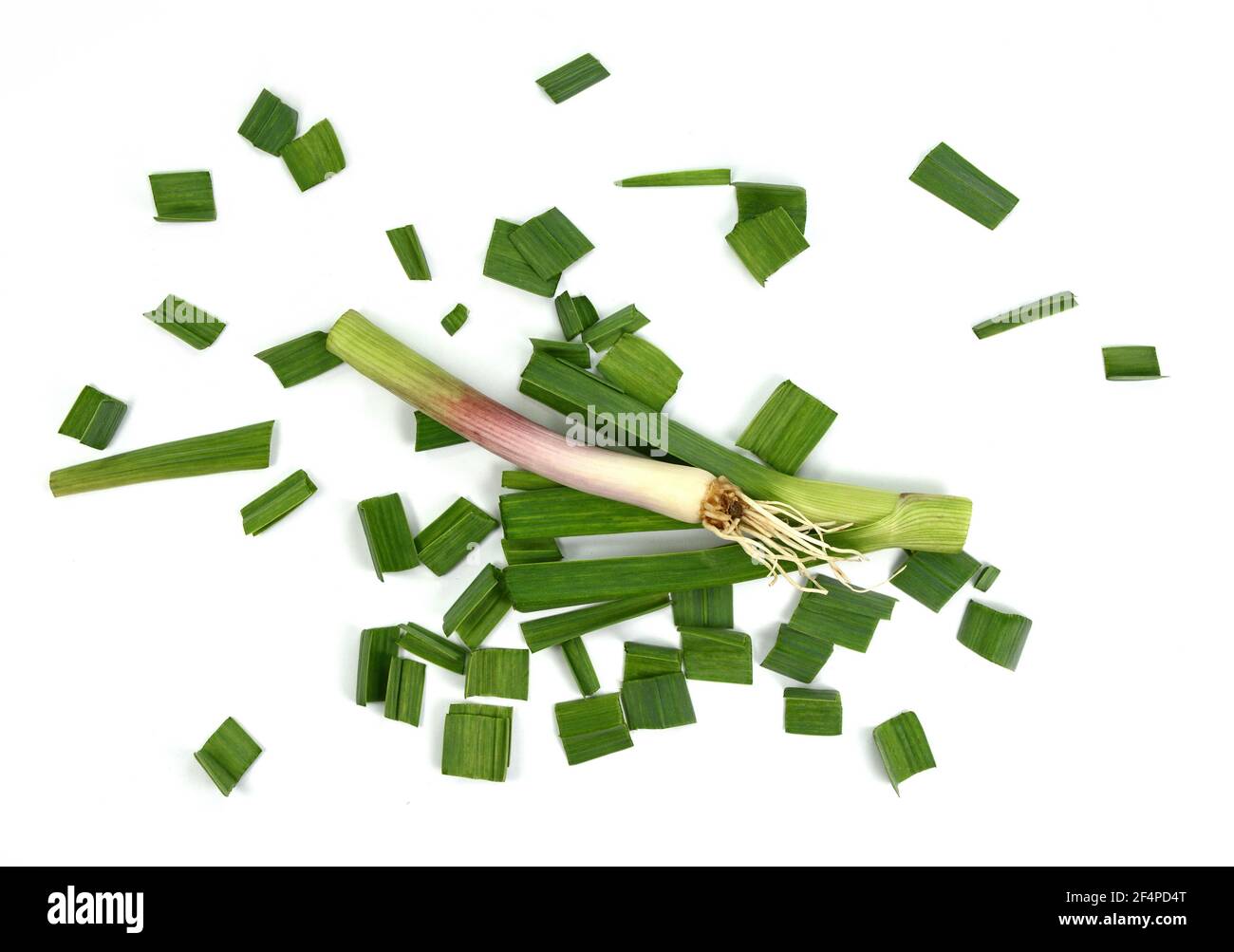 Fresh green garlic isolated on white background. Chopped green garlic ...