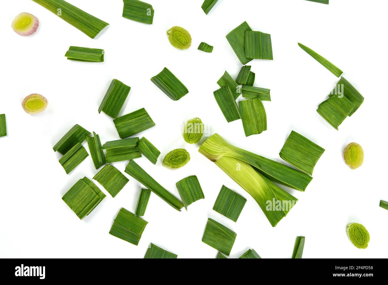 Fresh green garlic isolated on white background. Chopped green garlic ...