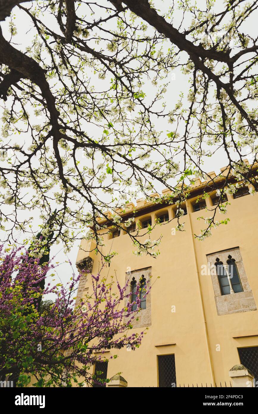 Facade of a secluded modern monastery with fences seen among the pretty ...
