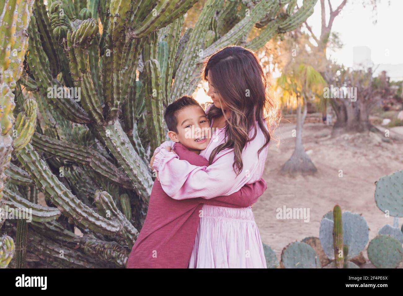 Mother hugging son in front of a big cactus with back light sun Stock ...