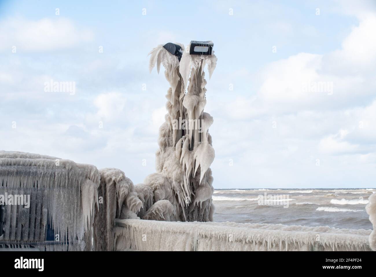 Strange Ice Formations on Pier in Lake Erie Winter Storm Stock Photo ...