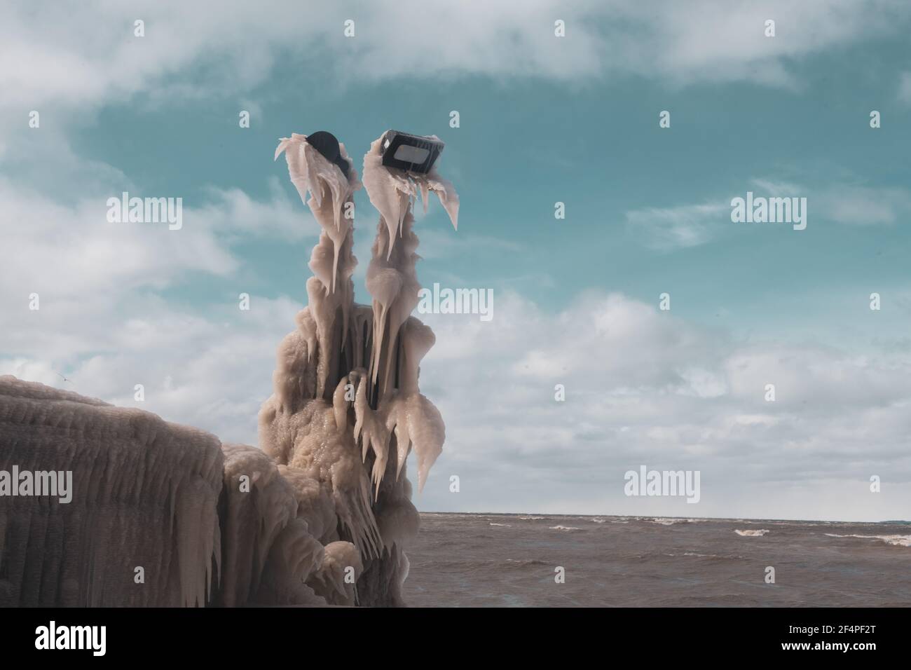 Strange Ice Formations on Pier in Lake Erie Winter Storm Stock Photo ...
