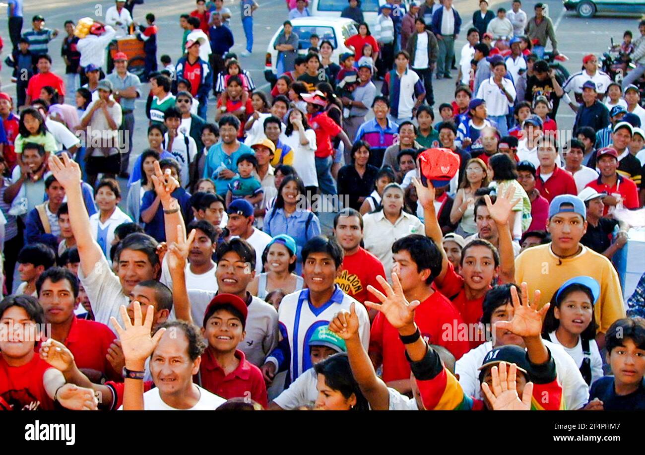 Crowd outside the team bus of D.C. United before a game in Cochabamba ...