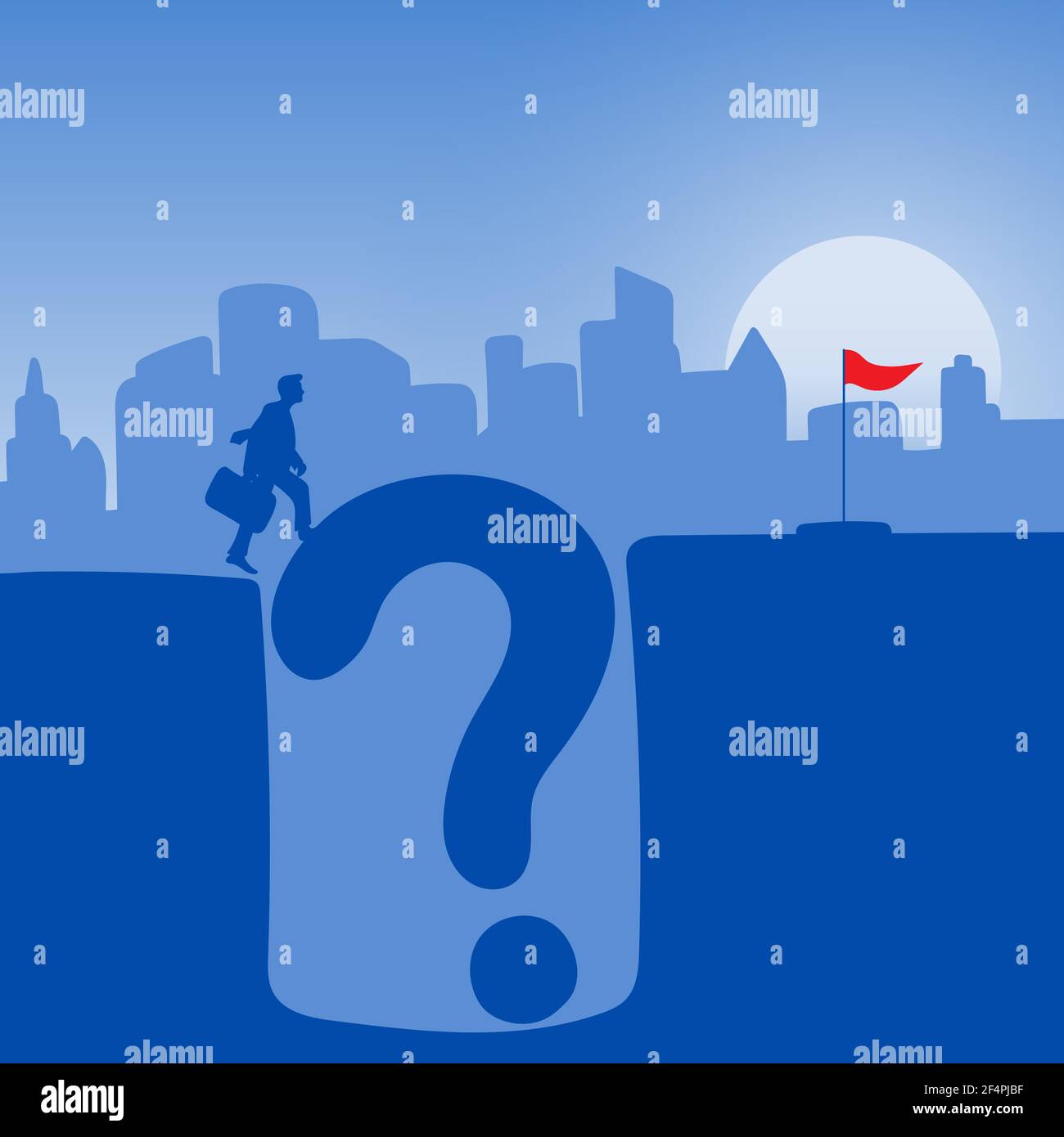 businessman with his suitcase walking across question mark to red flag ...