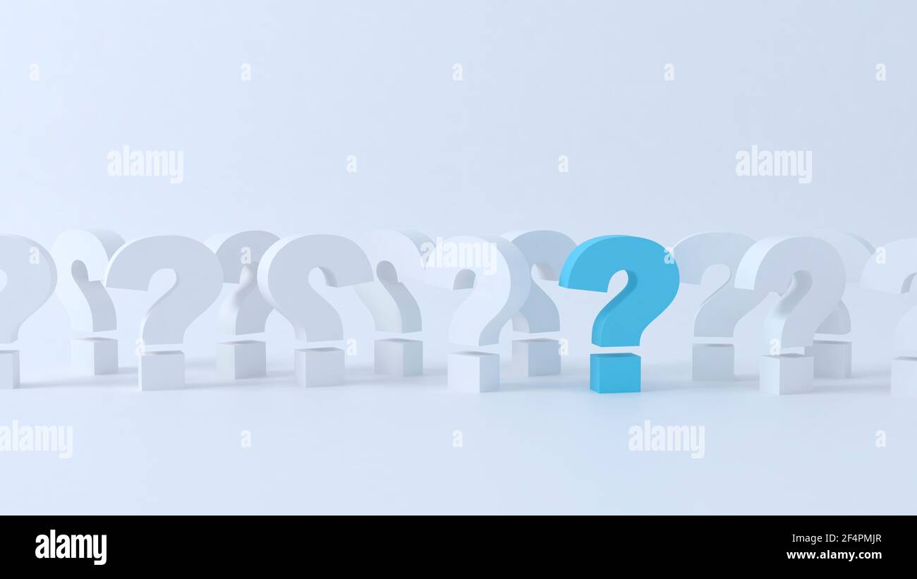 Stack of white balls question marks with one blue standing out ...