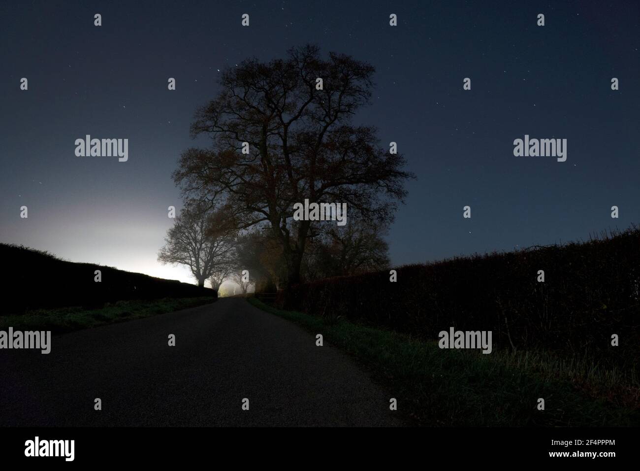A spooky road going into the distance in the English countryside. On a ...