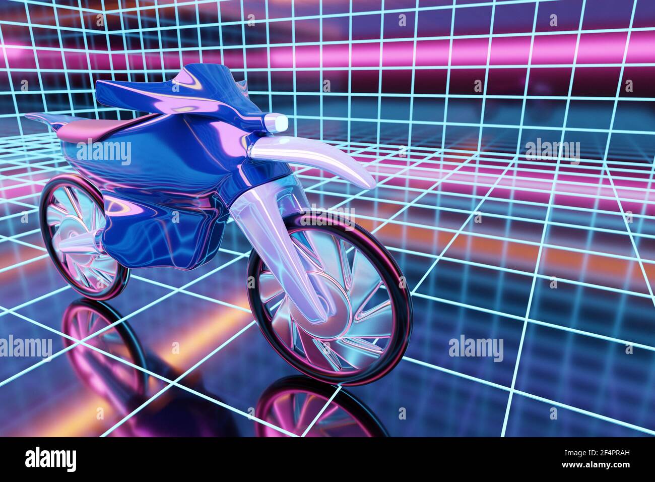 3d illustration of a black motorcycle in a glowing neon room . 3D Rendering. Futuristic high ...