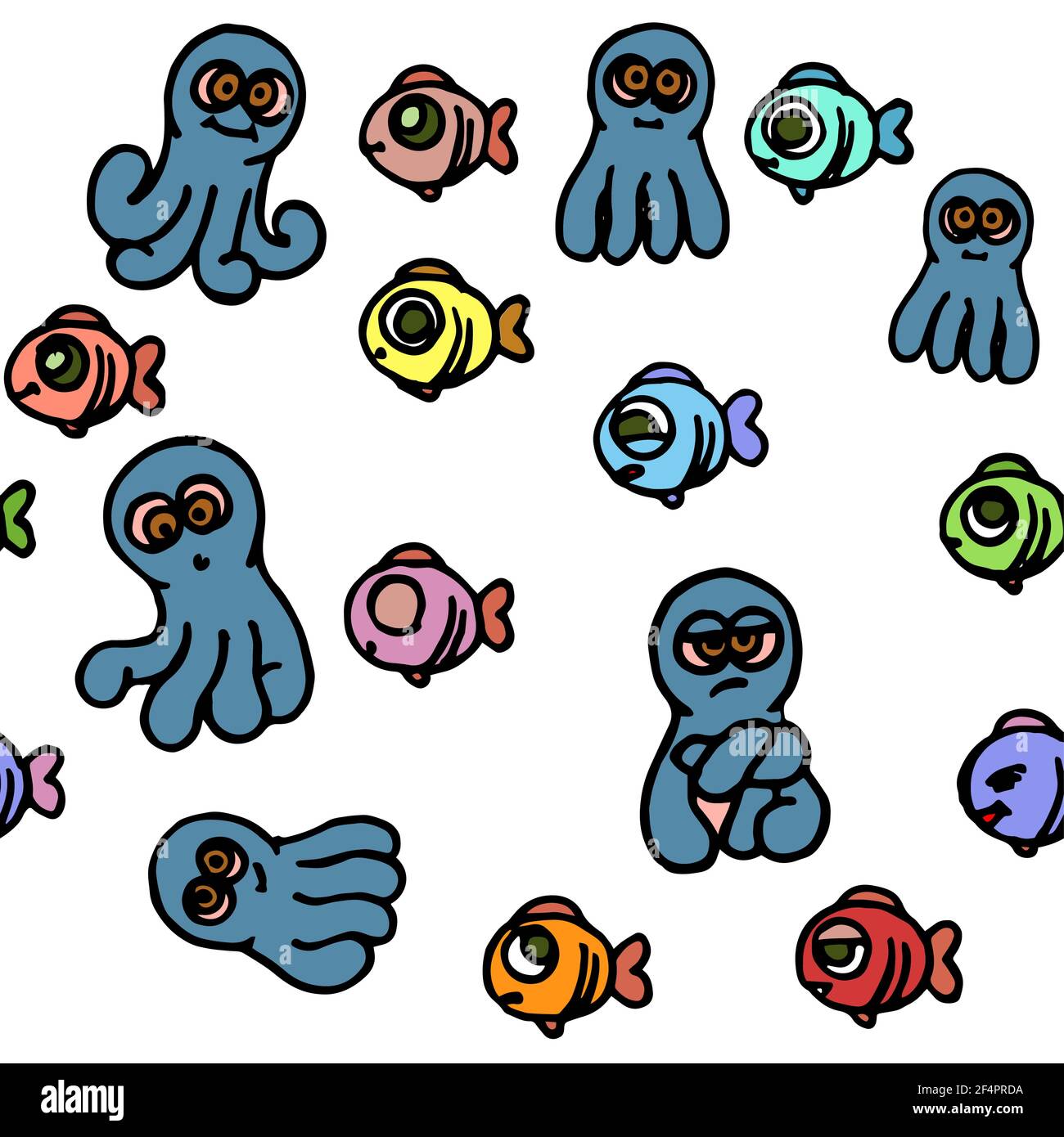Octopus and fish. Seamless illustration. Cartoon sketch style. Hand ...