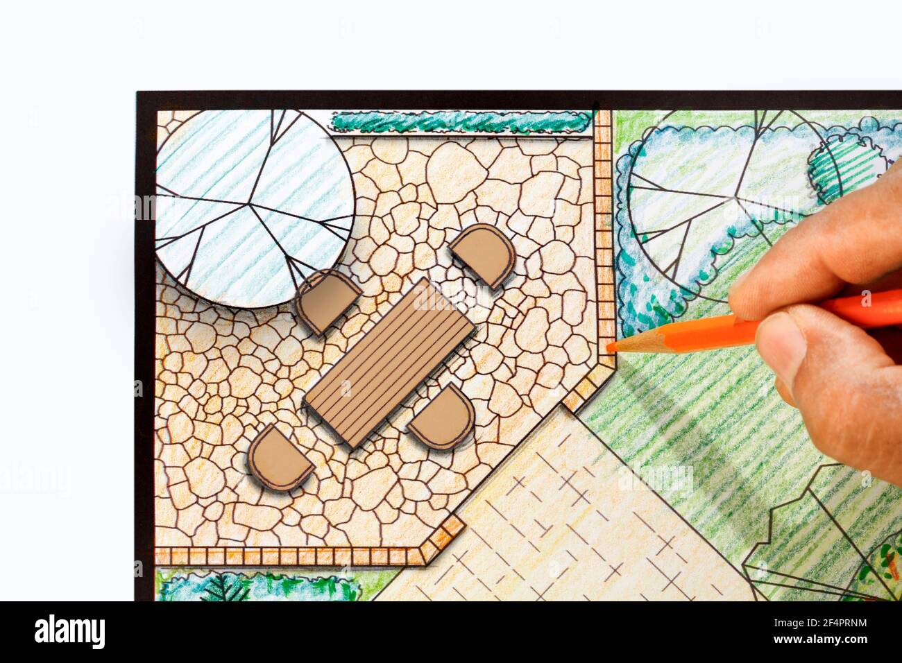 Landscape architect design patio in backyard garden plan Stock Photo ...