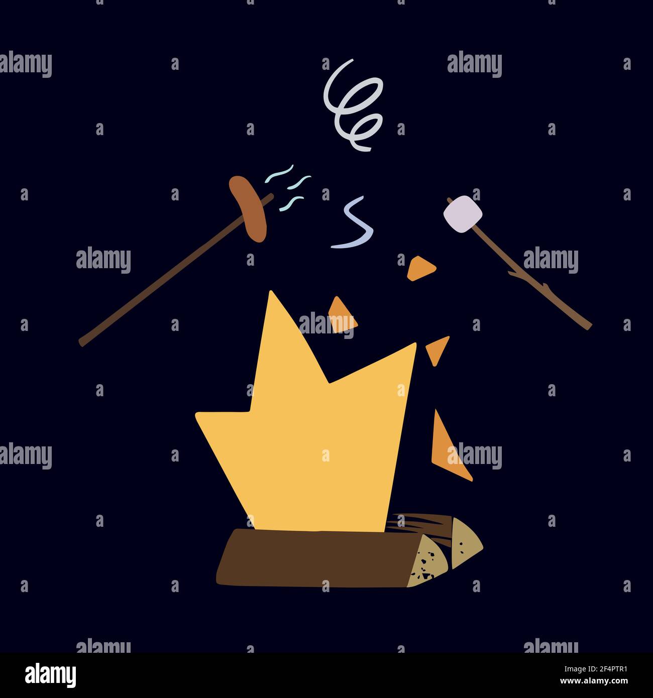 Campfire with grilling sausages and marshmallows. Illustration in ...