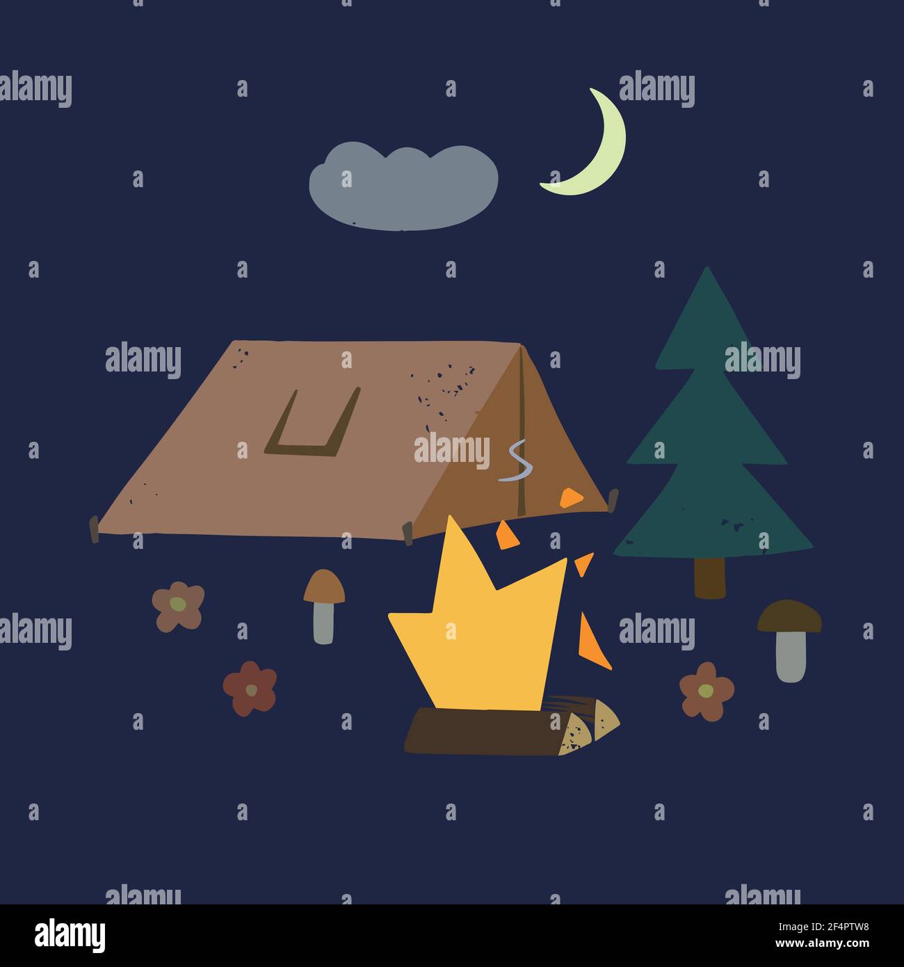 Illustration of camping tent and fire in simple cartoon doodle style ...