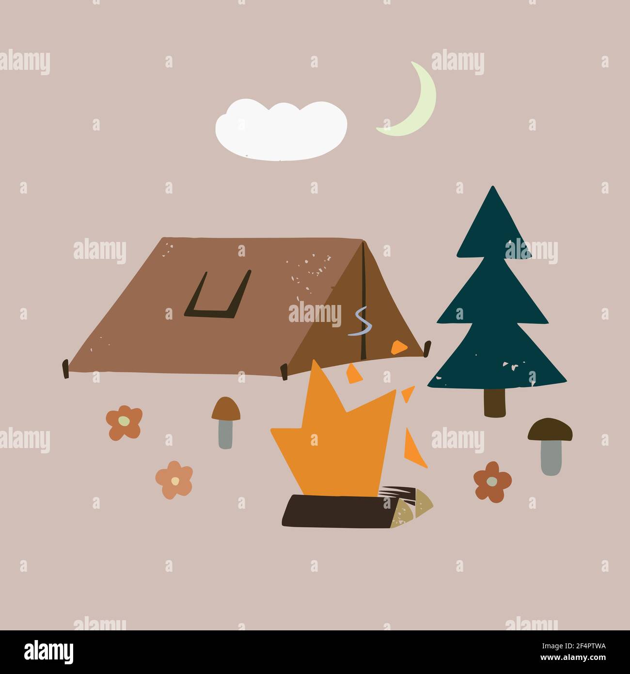 Illustration of camping tent and fire in simple cartoon doodle style ...