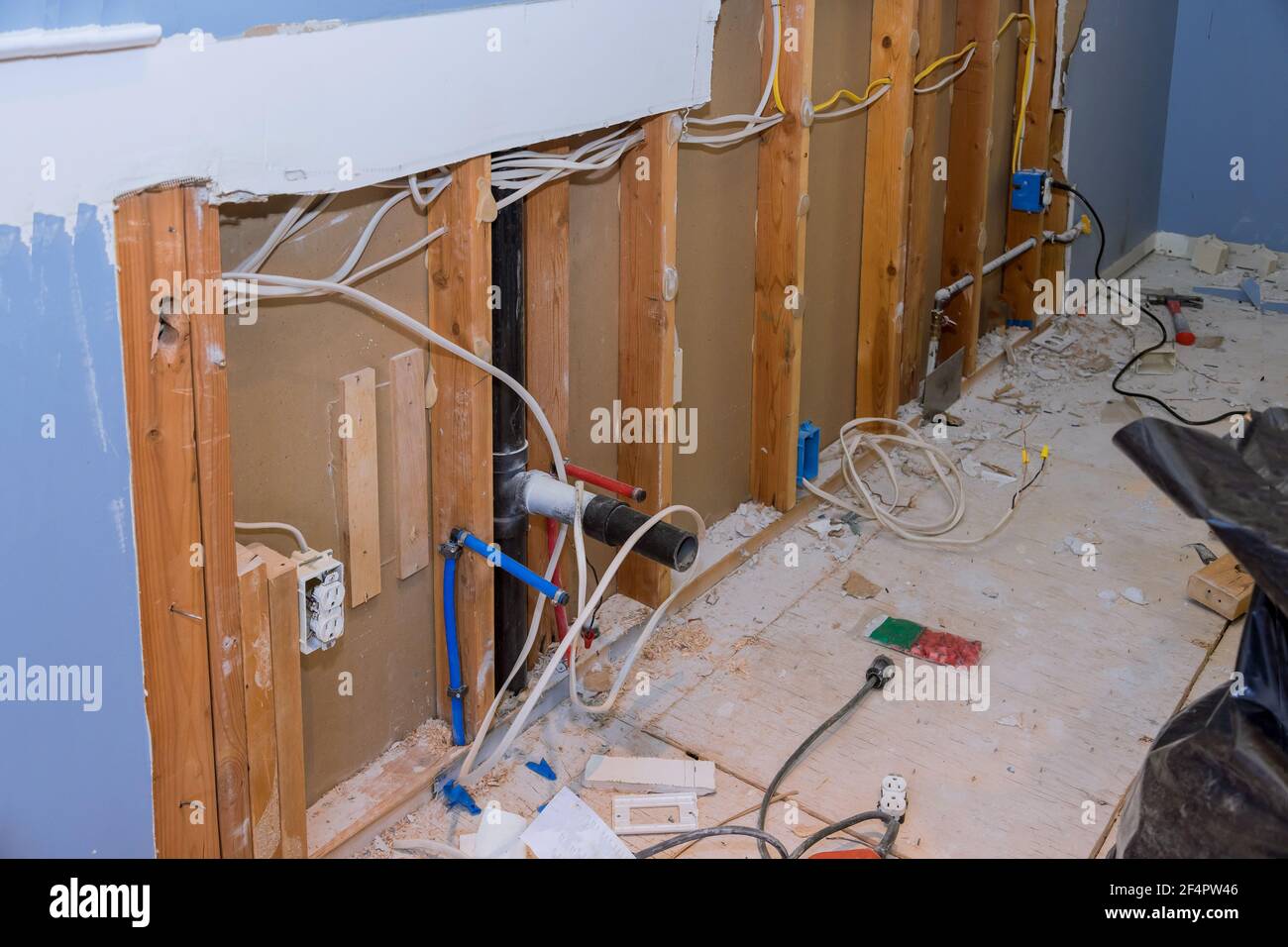 Kitchen remodel home improvement view with drywall demolition an ...