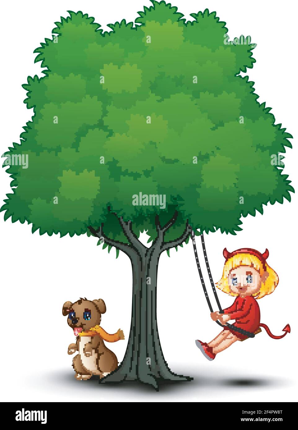 Vector illustration of Cartoon devil girl and dog play under the tree ...