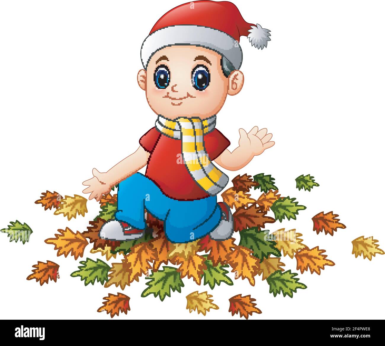 Vector illustration of Little boy wearing santa hat with autumn leaves ...