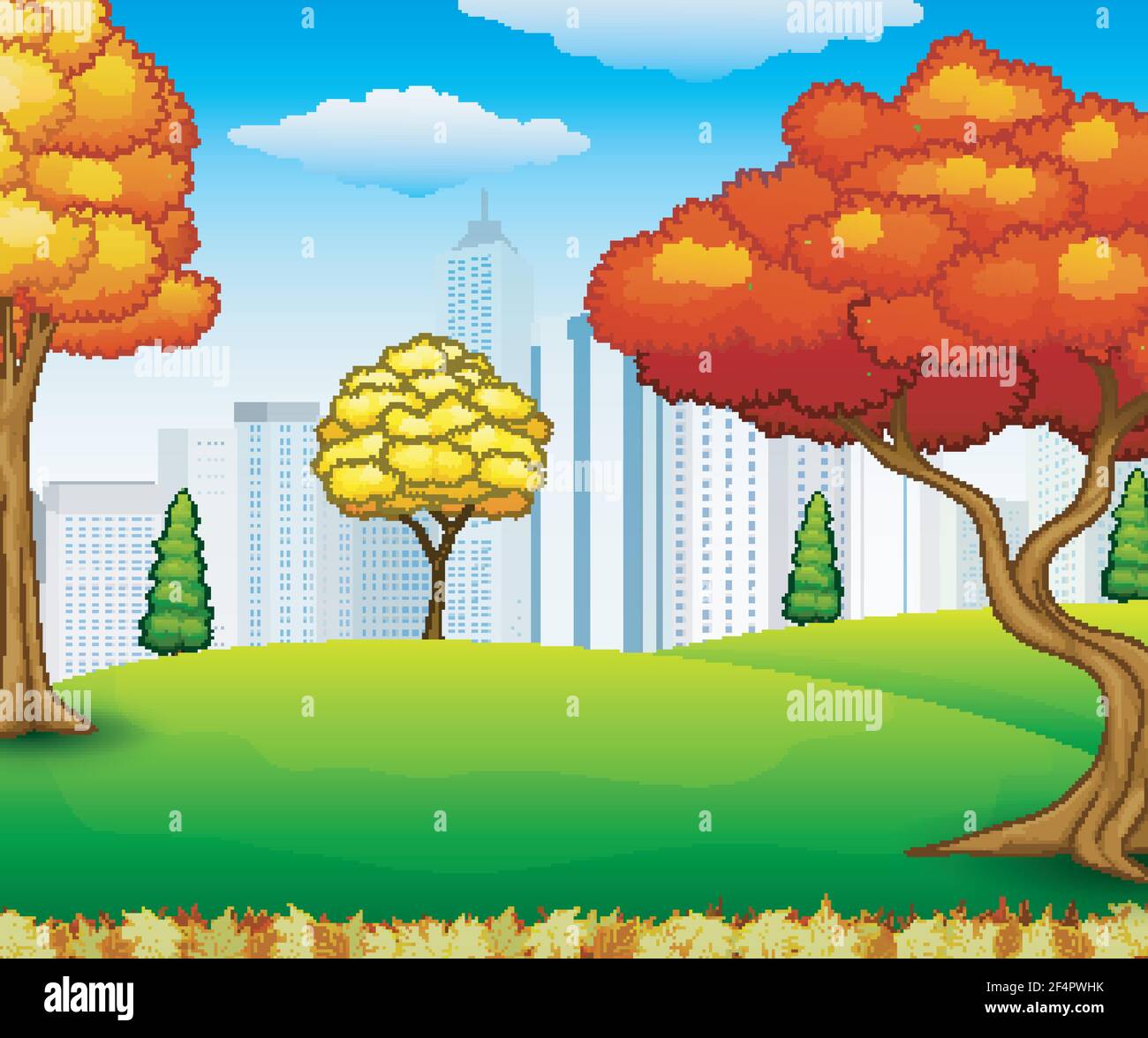 Vector illustration of Autumn city park with building background Stock ...