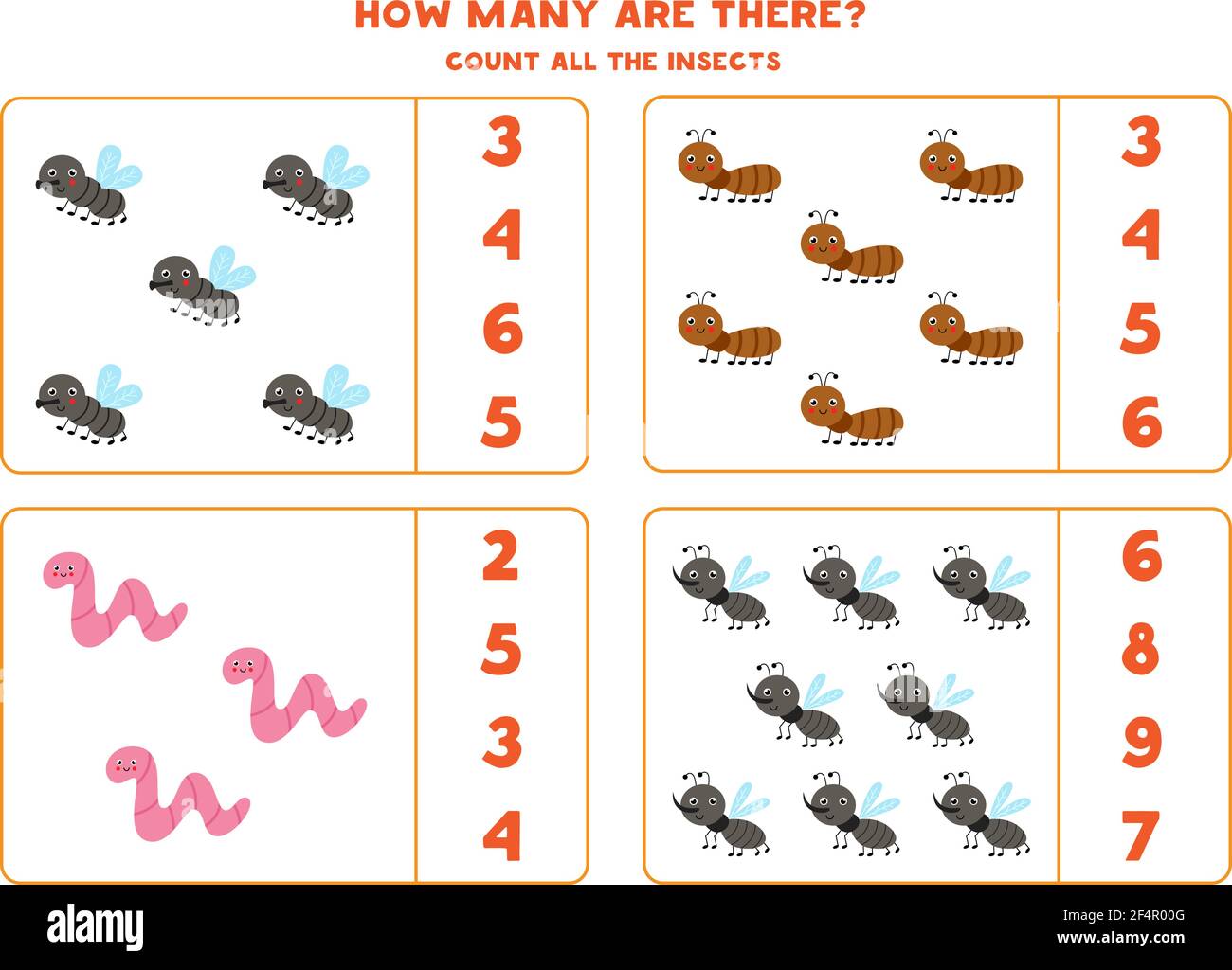 Count all cute insects and circle the correct answers. Math game for ...