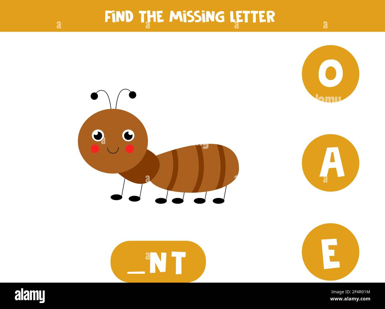 Find missing letter. Cute ant. Educational spelling game for kids Stock ...