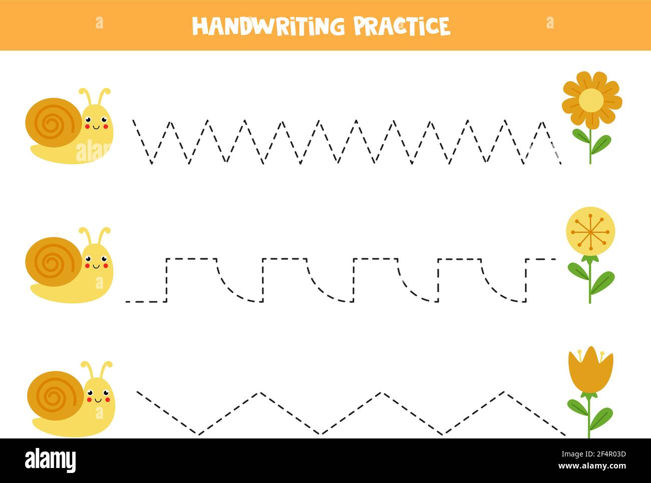 Tracing lines for kids with cute snail and flowers. Handwriting ...