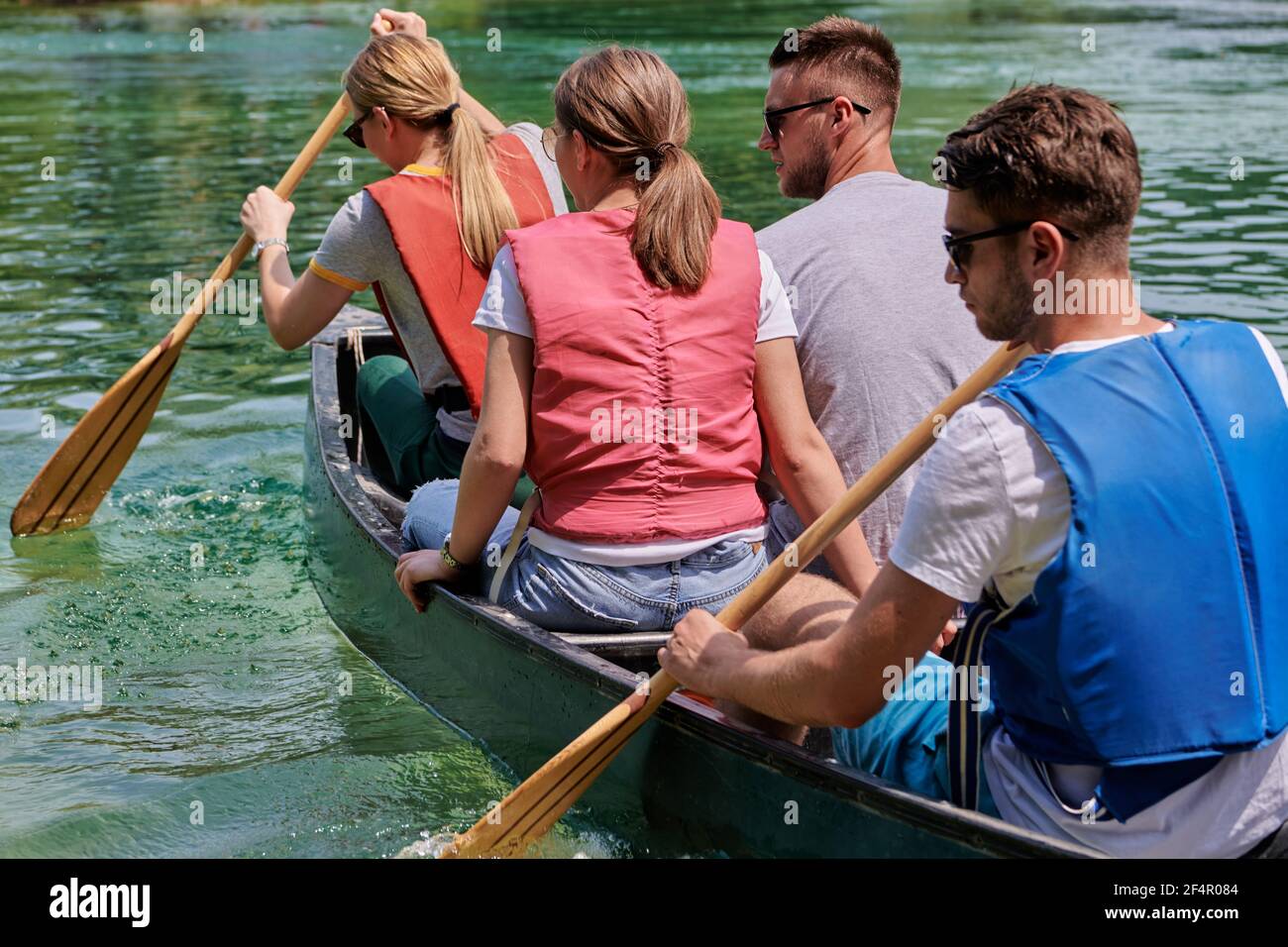 Group adventurous explorer friends are canoeing in a wild river Stock ...