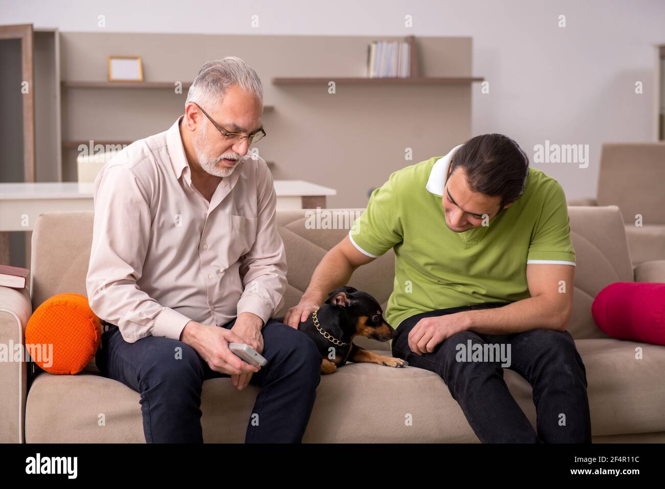 Two men with dog in the room Stock Photo - Alamy