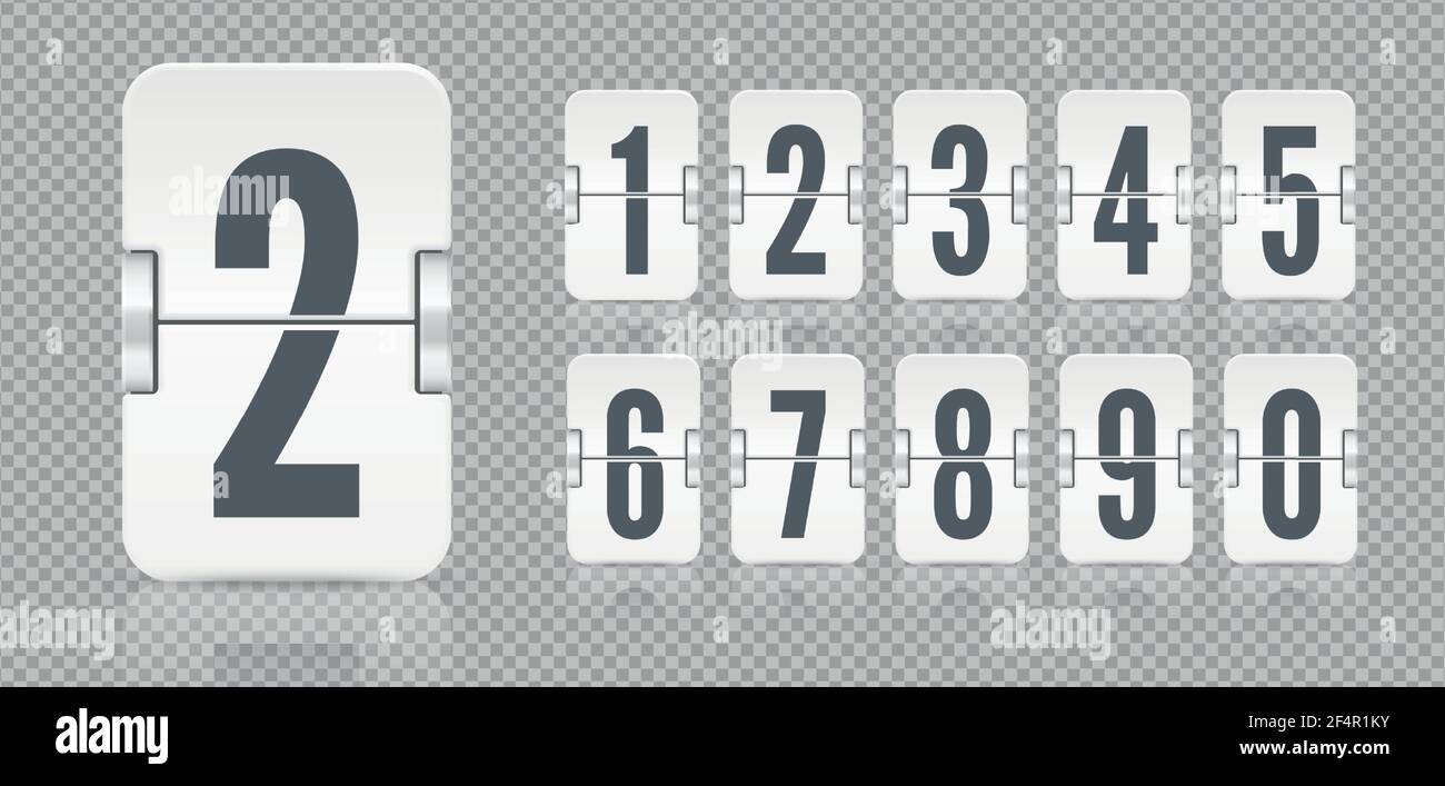 White set of flip numbers on a mechanical scoreboard with reflections ...