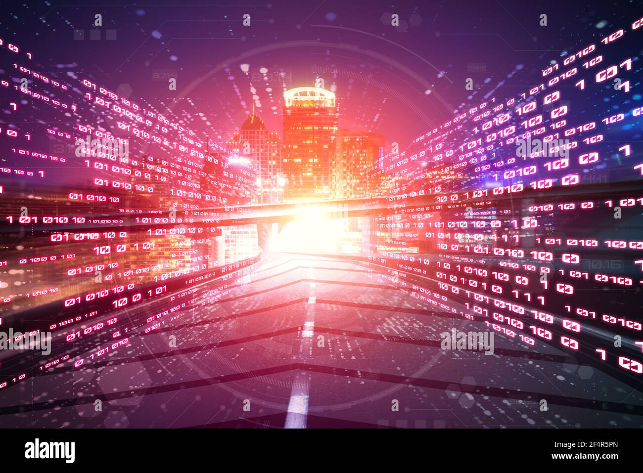 Digital data flow on road with motion blur to create vision of fast ...