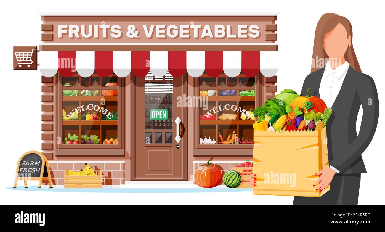 Fruit and vegetable store facade with woman Stock Vector Image & Art ...