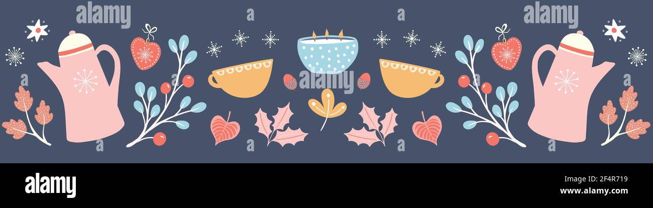 Hygge Autumn and winter pattern border illustration. Cute and cosy Fall ...