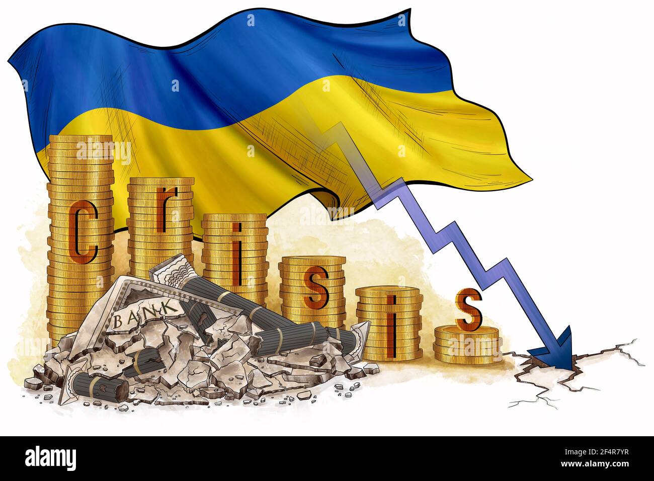 Financial crisis in Ukraine. global economic fall.Tower coins and flag ...