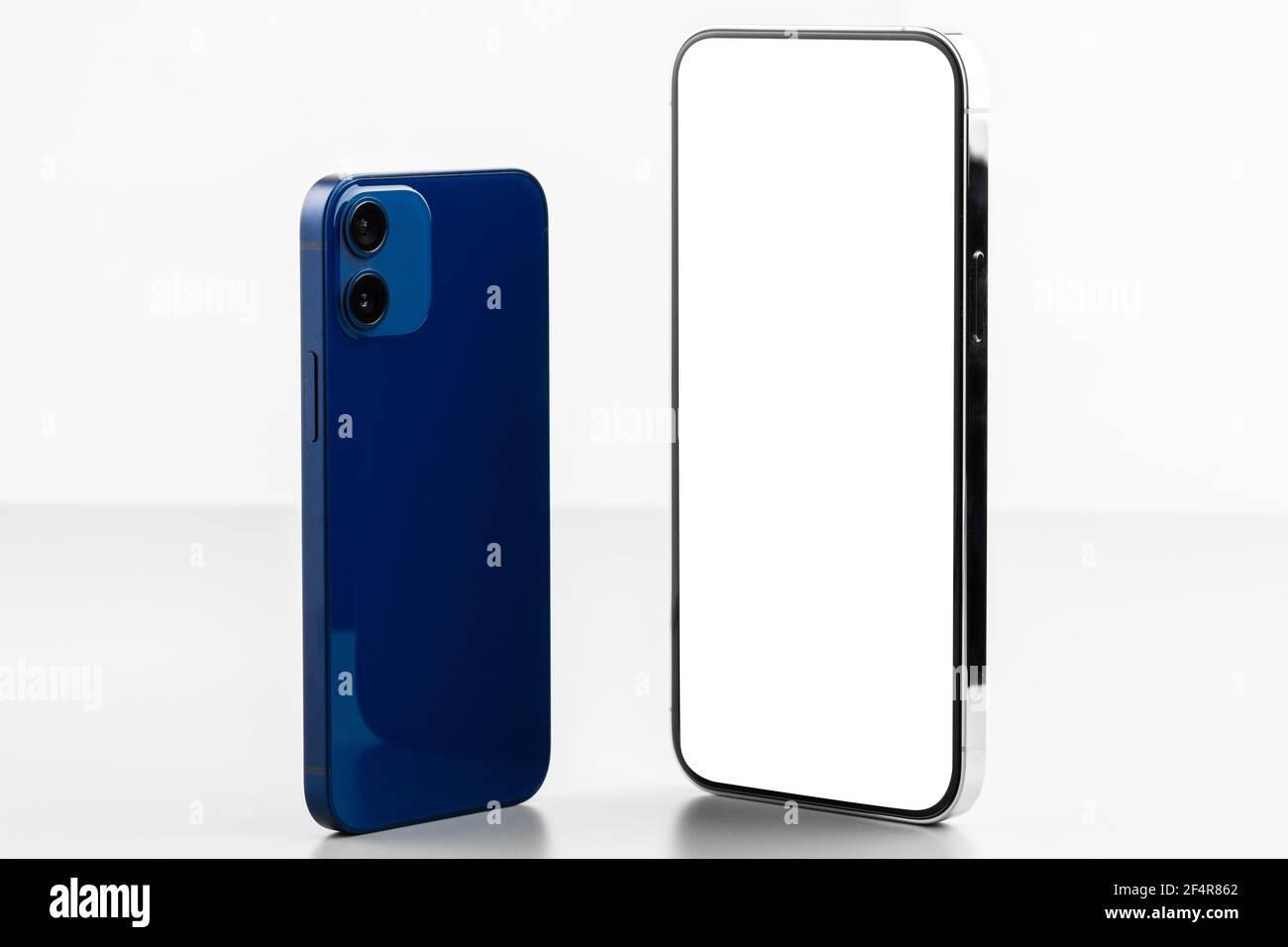 Two modern mobile phone mockup, front and back sides, gray background ...