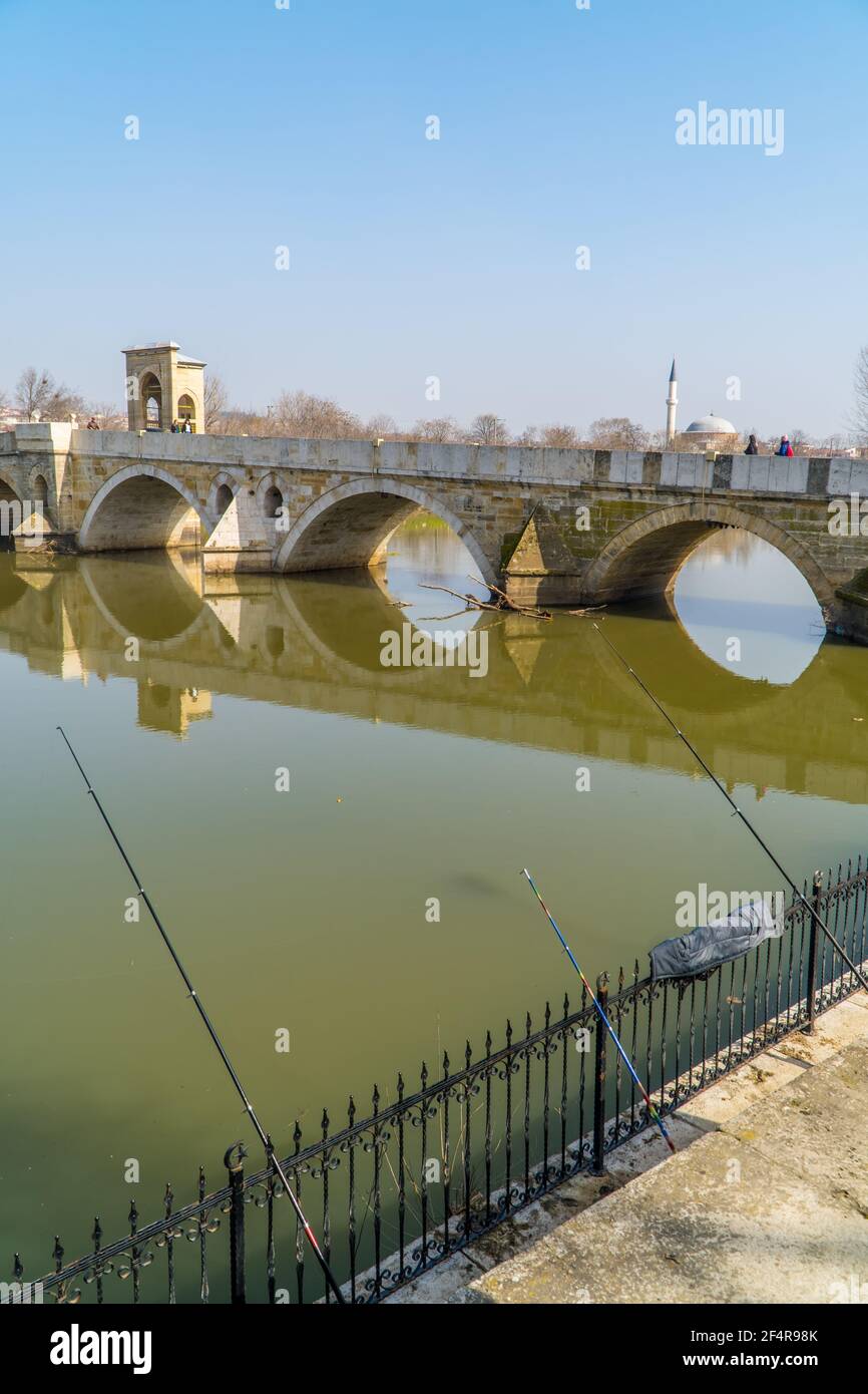 Edirne, Turkey - February 26, 2021 - vertical view of Meric Bridge and ...