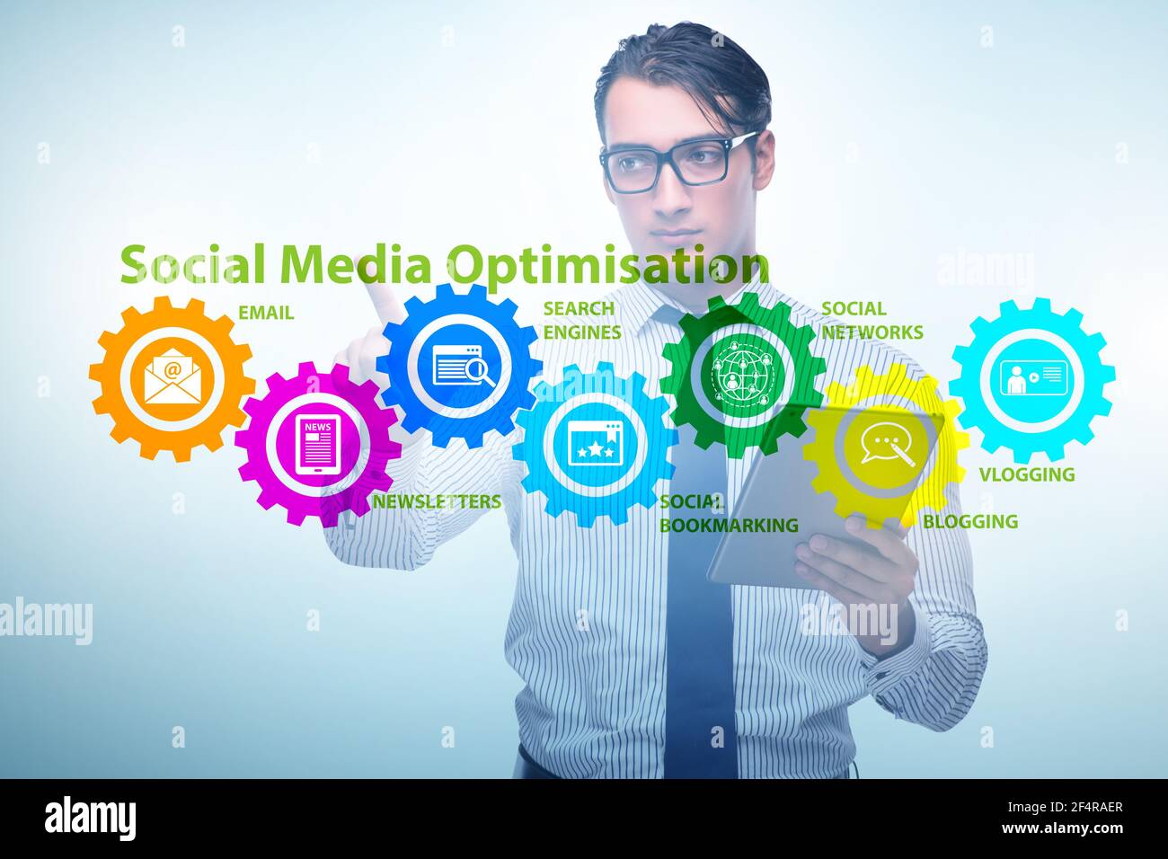 Social media optimisation concept with the businessman Stock Photo - Alamy