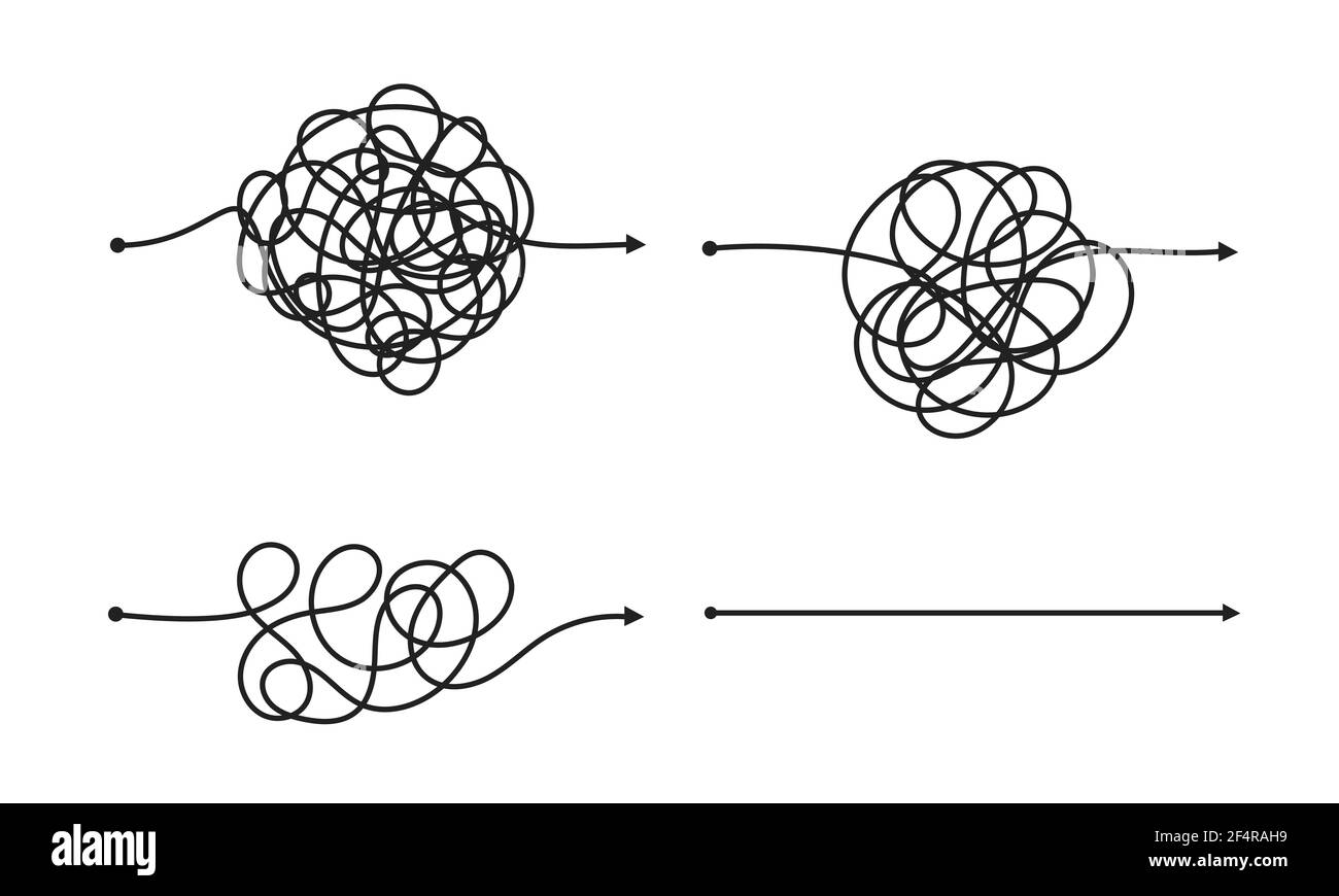 Complex and easy simple way from start to end vector illustration set. Chaos simplifying ...