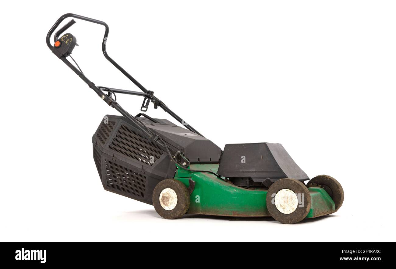 Old green lawn mower - Isolated on white background Stock Photo - Alamy