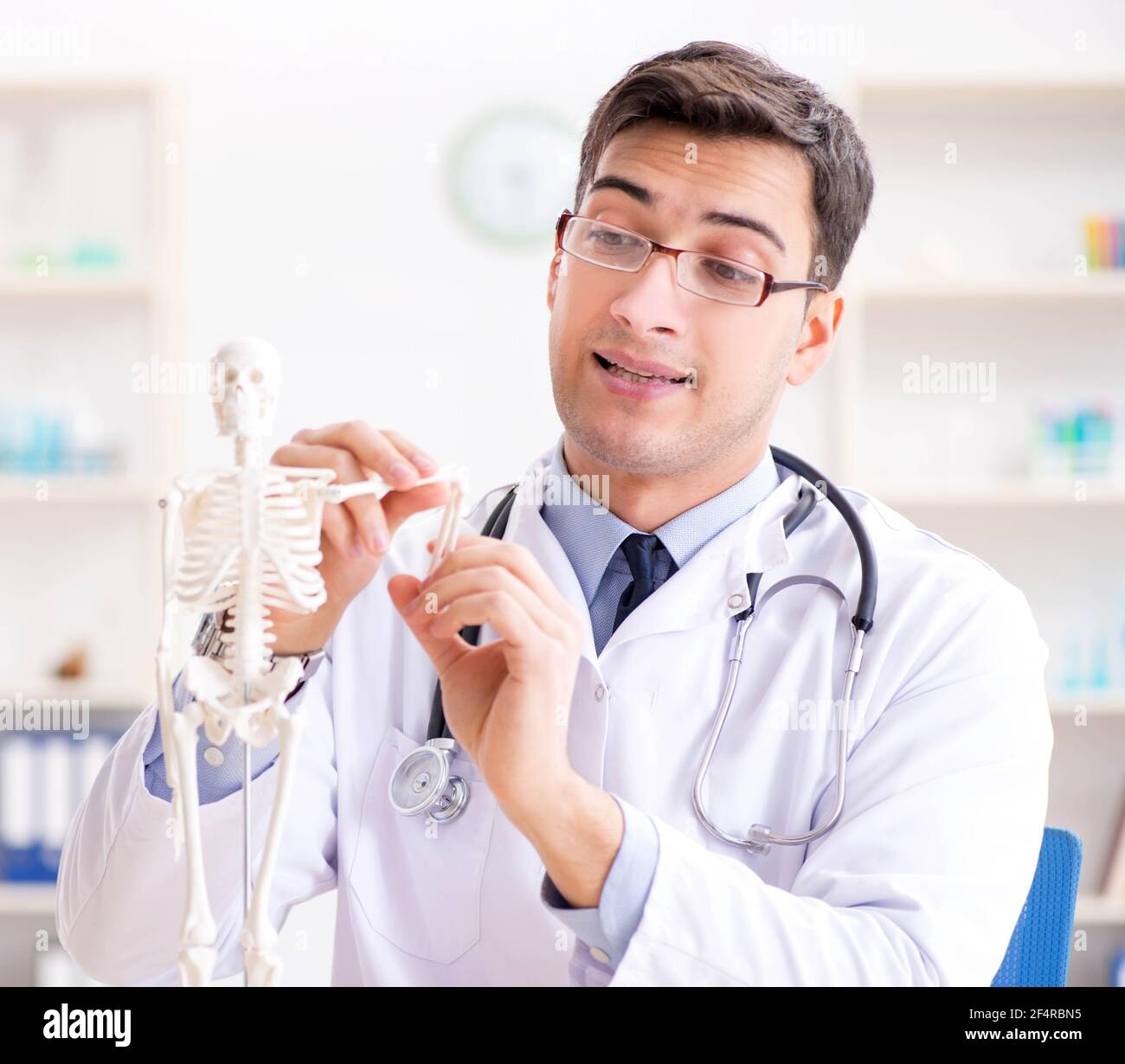 The doctor explaining human body on skeleton Stock Photo - Alamy