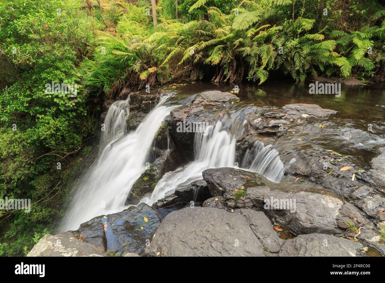 A side view of a waterfall cascading over a rock ledge in the New ...