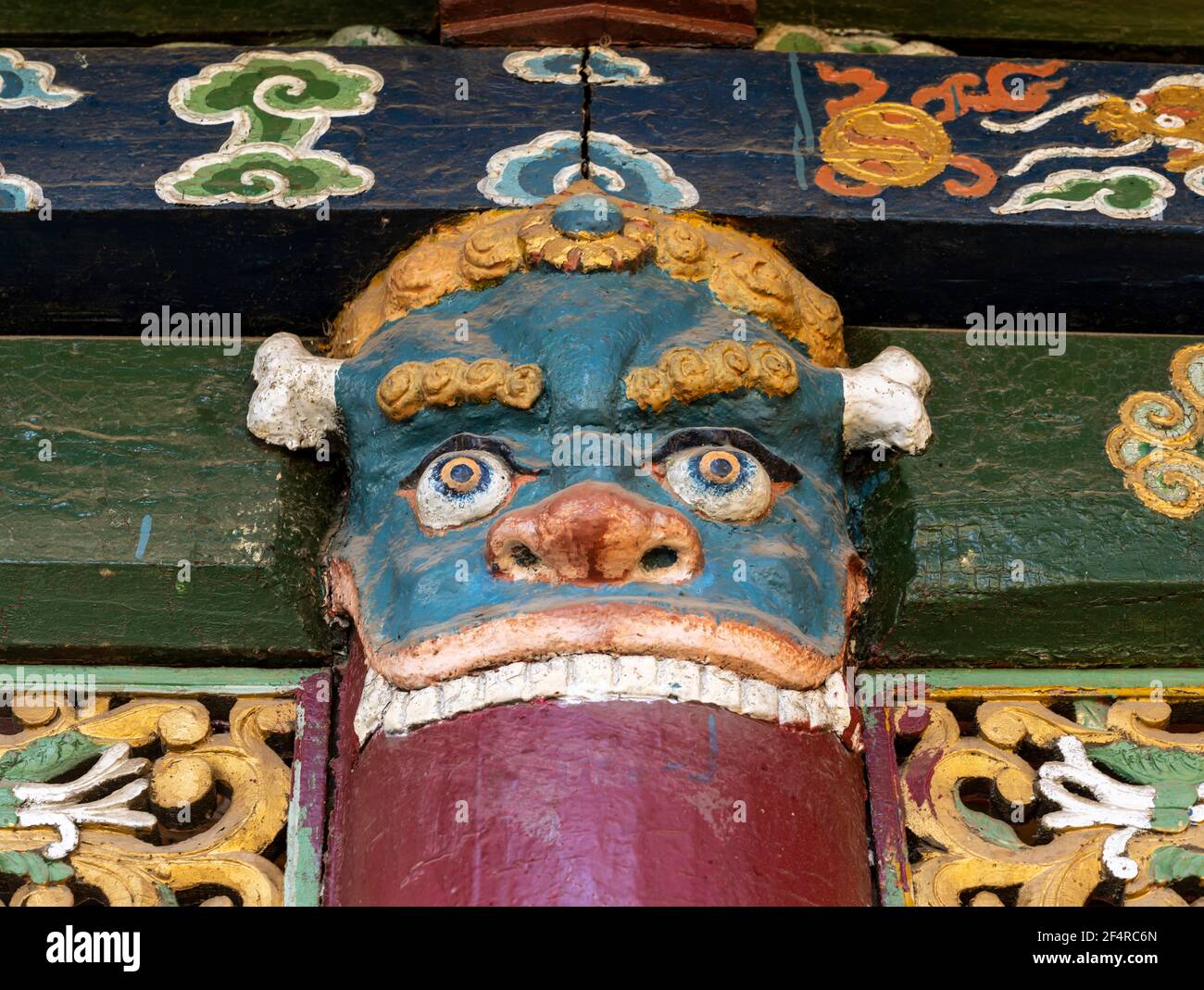 Ulaanbaatar, Mongolia - August 25, 2019: A decorative detail, a face, of the Gandantegchinlen ...