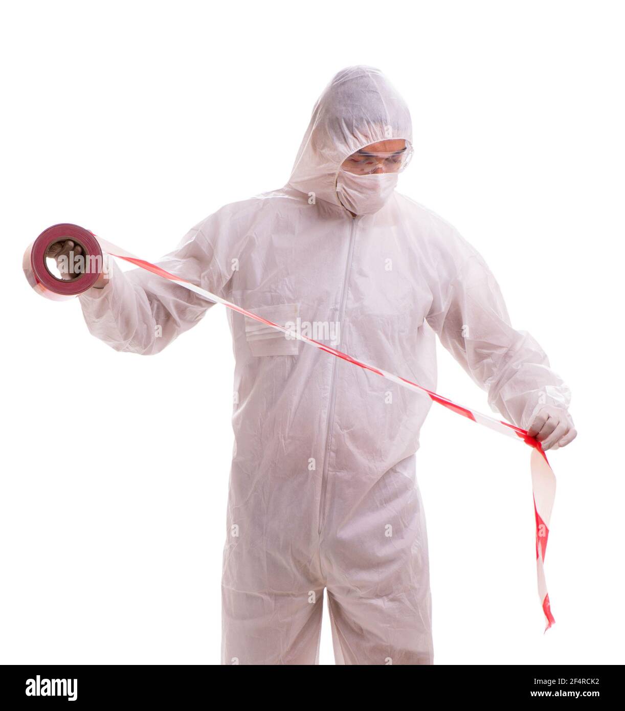 The forensic specialist in protective suit isolated on white Stock ...