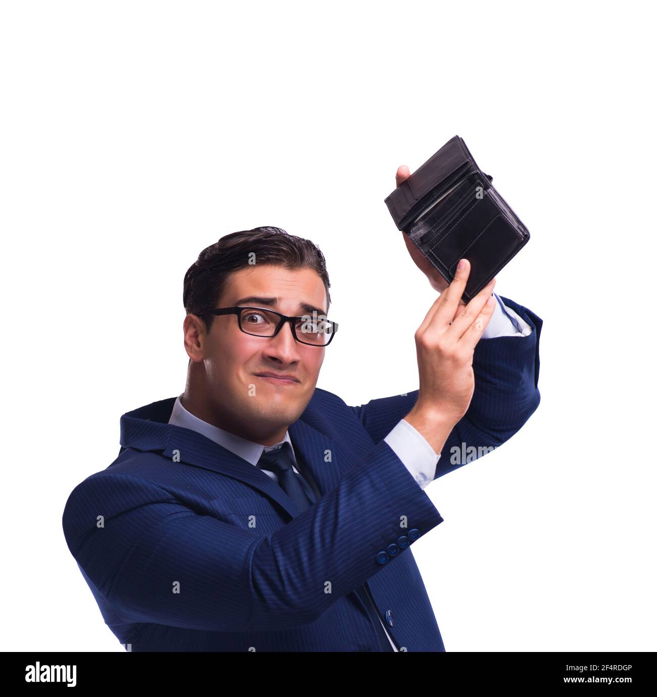 The bankrupt broke businessman with empty wallet on white background ...