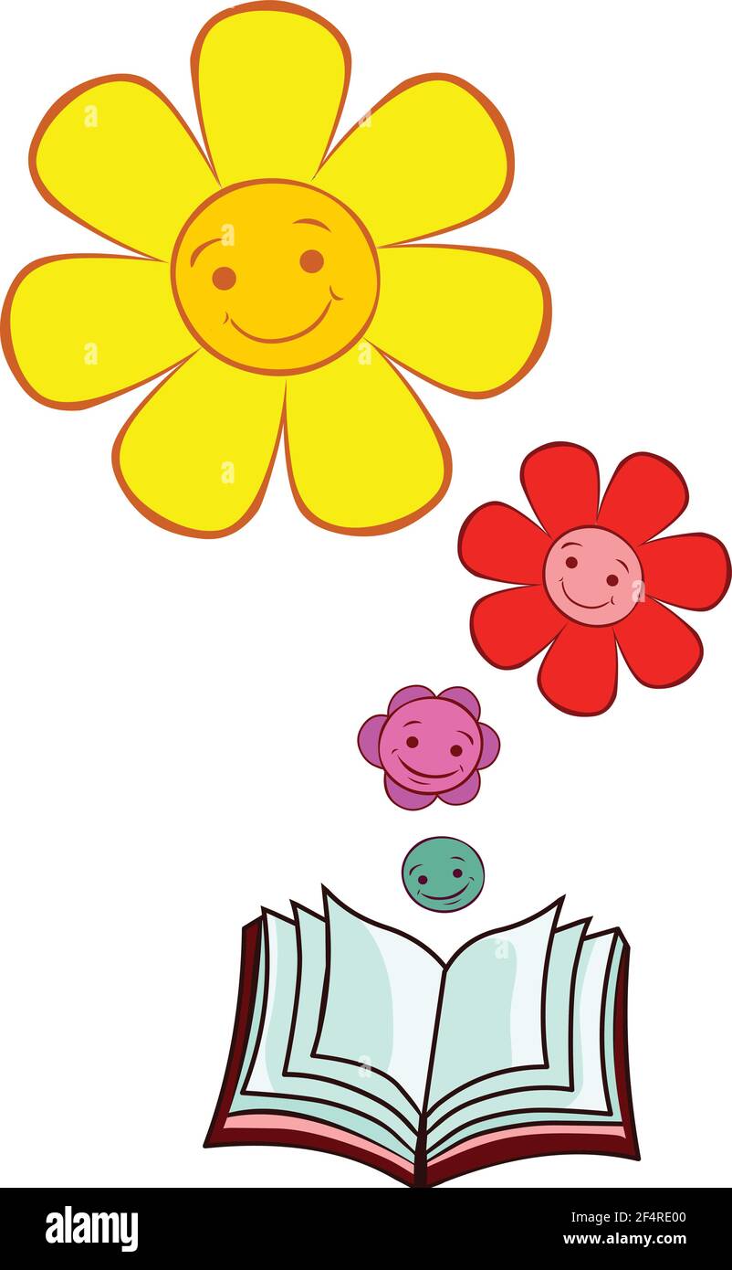 Open book and happy flowers educational concept illustration Stock ...