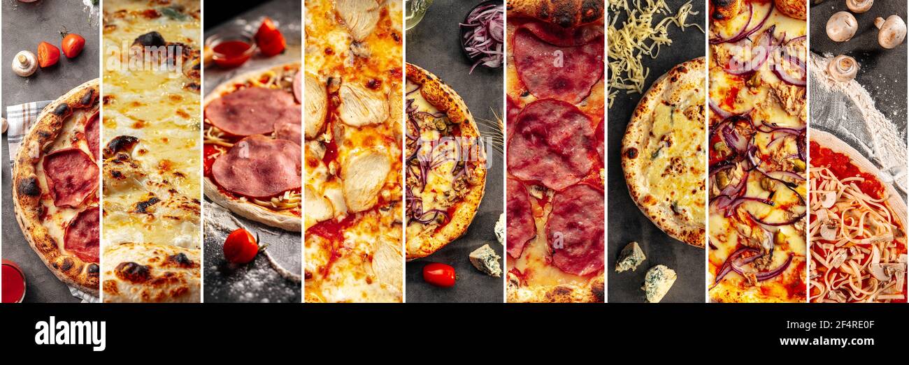 Collage design with the assorted neopolitan pizza Stock Photo - Alamy