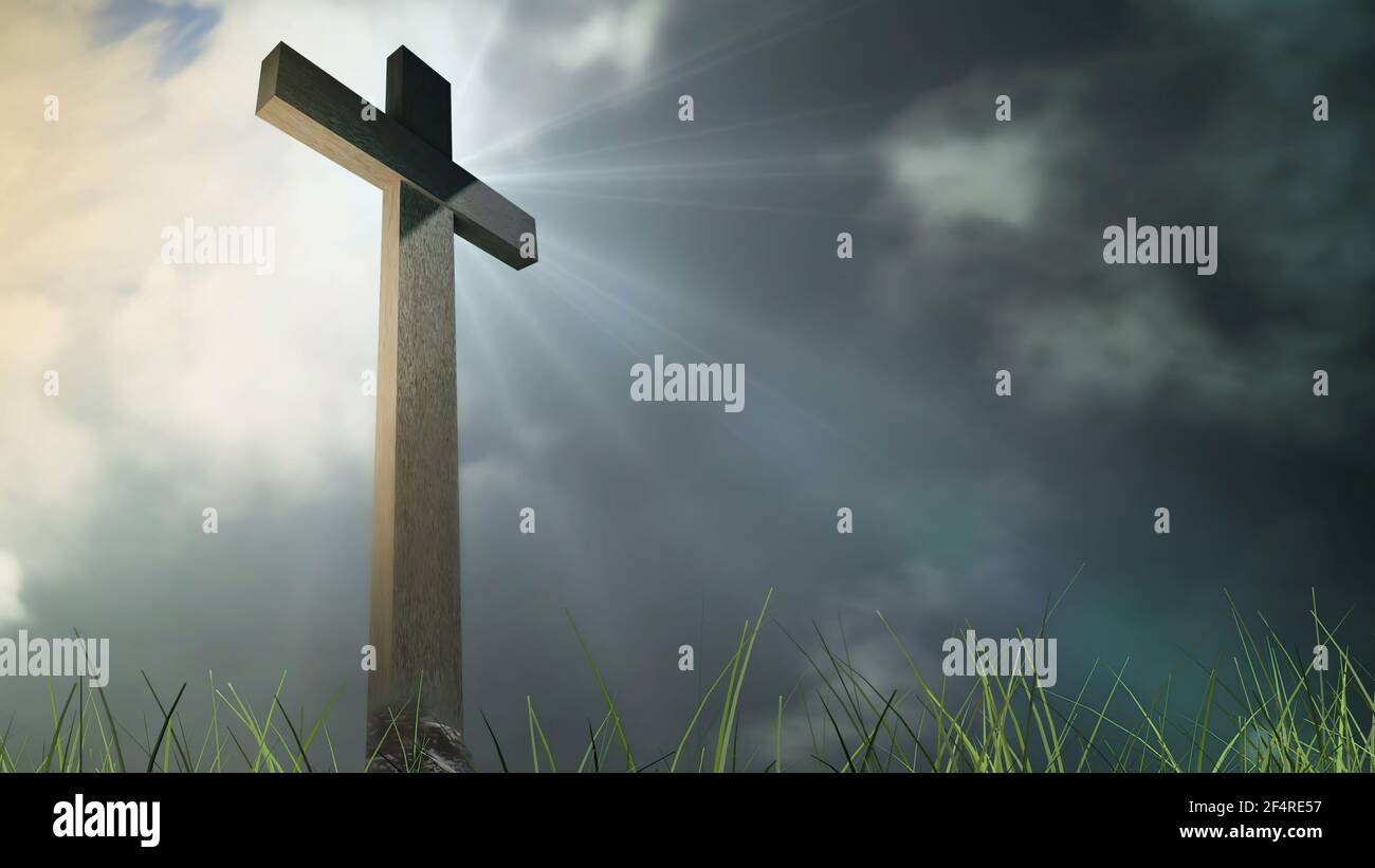 Wooden cross with gras on front Stock Photo - Alamy